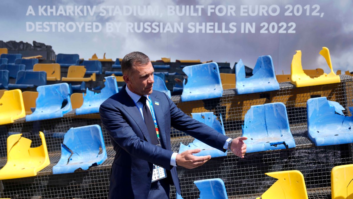Ukraine displays destroyed stadium stand at Euro 2024 in Germany – NBC4 ...